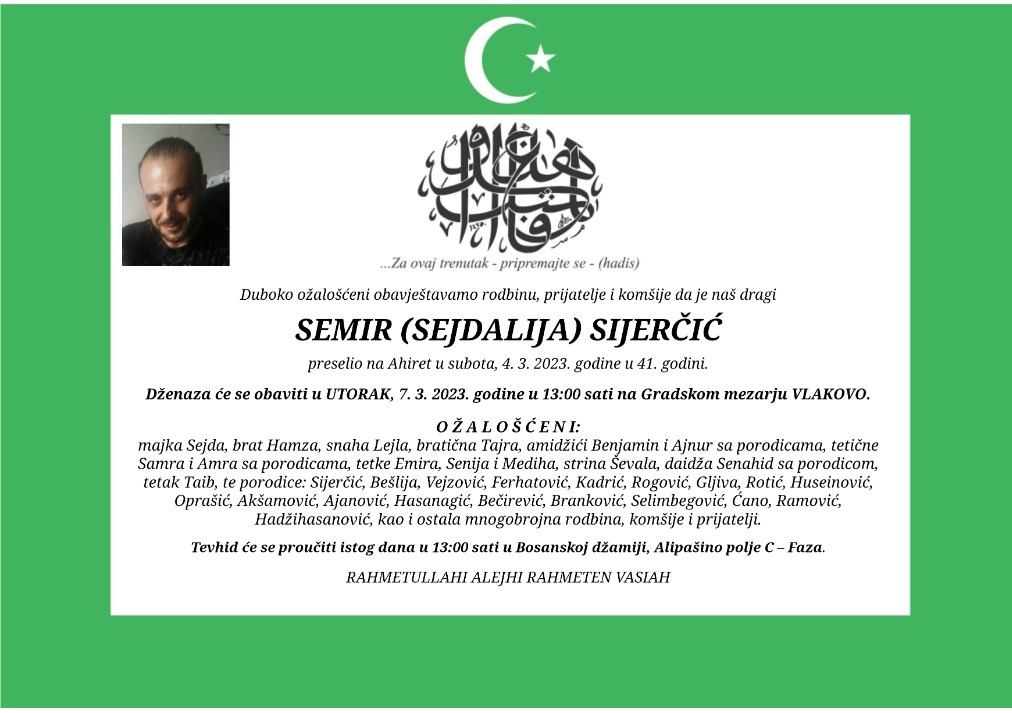 Na Ahiret preselio Sijerčić (Sejdalija) Selmir - HABERHANA.com