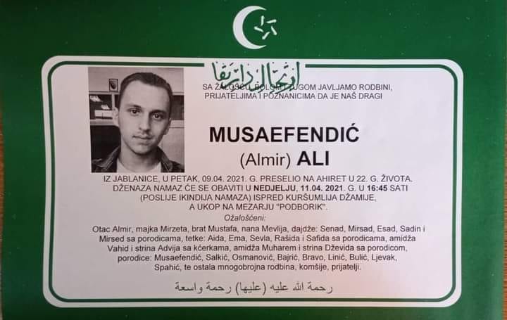 U 22. godini života na Ahiret tragično preselio Musaefendić (Almir) Ali ...