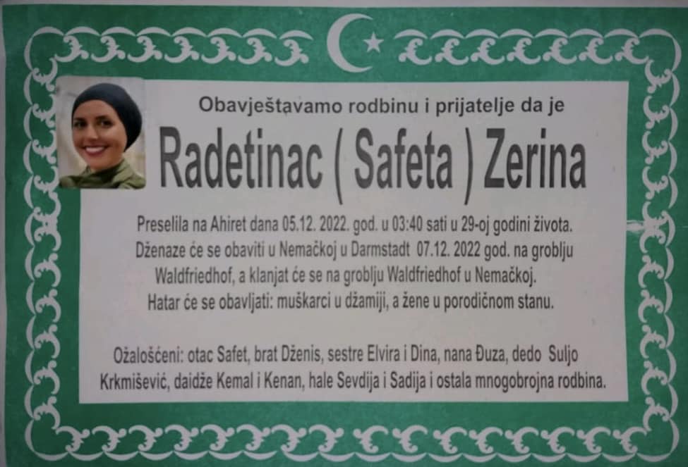 Na Ahiret preselila Radetinac (Safeta) Zerina - HABERHANA.com