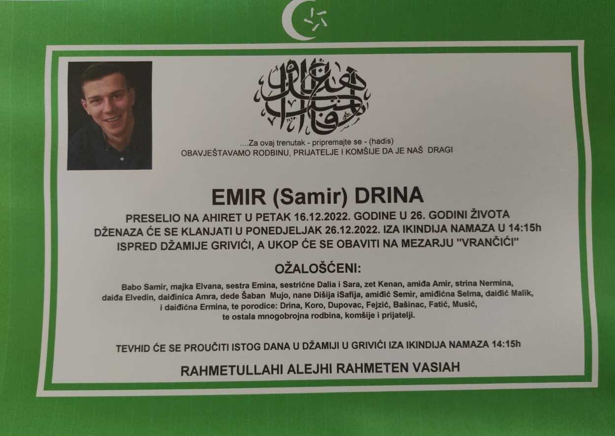 U 26-toj godini života na Ahiret preselio Emir (Samir) Drina ...