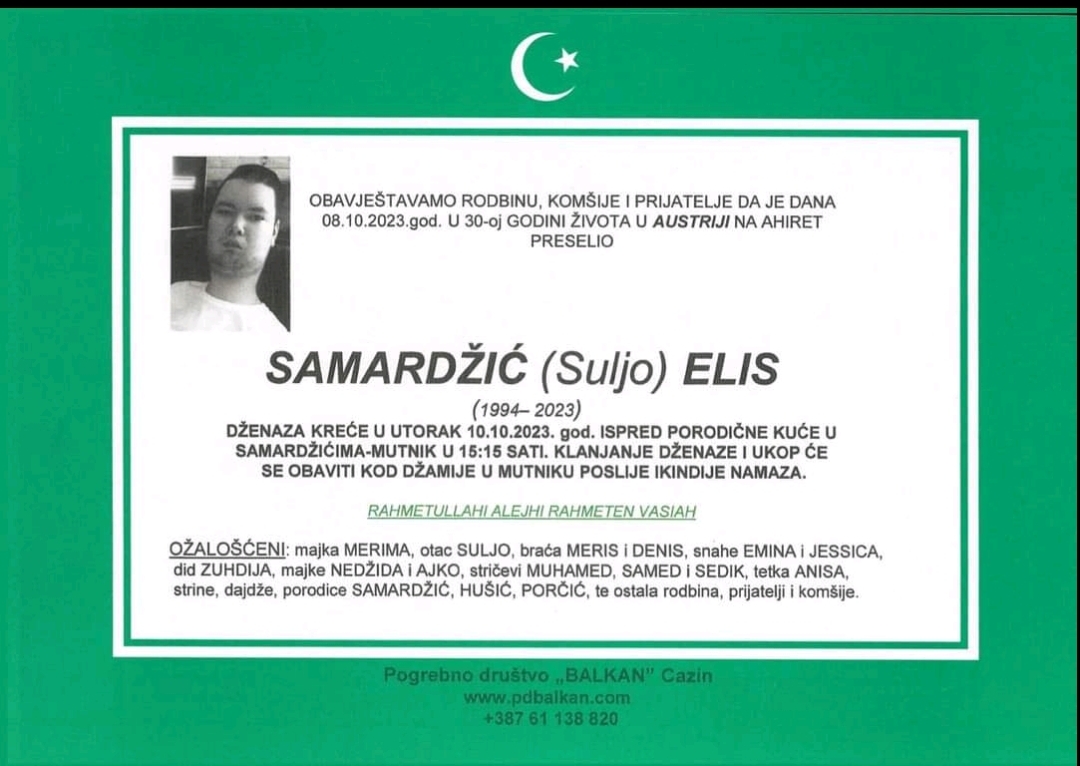 Na Ahiret preselio Samardžić (Suljo) Elis - HABERHANA.com