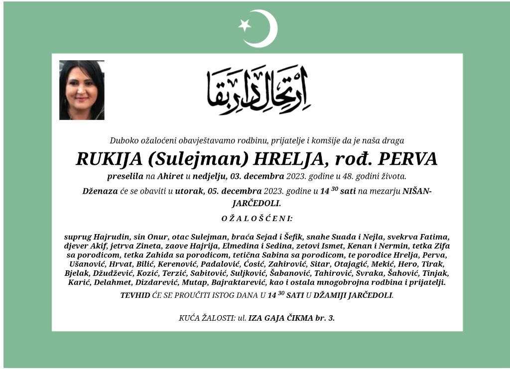 Na Ahiret preselila RUKIJA (Sulejman) HRELJA, rođ. PERVA - HABERHANA.com